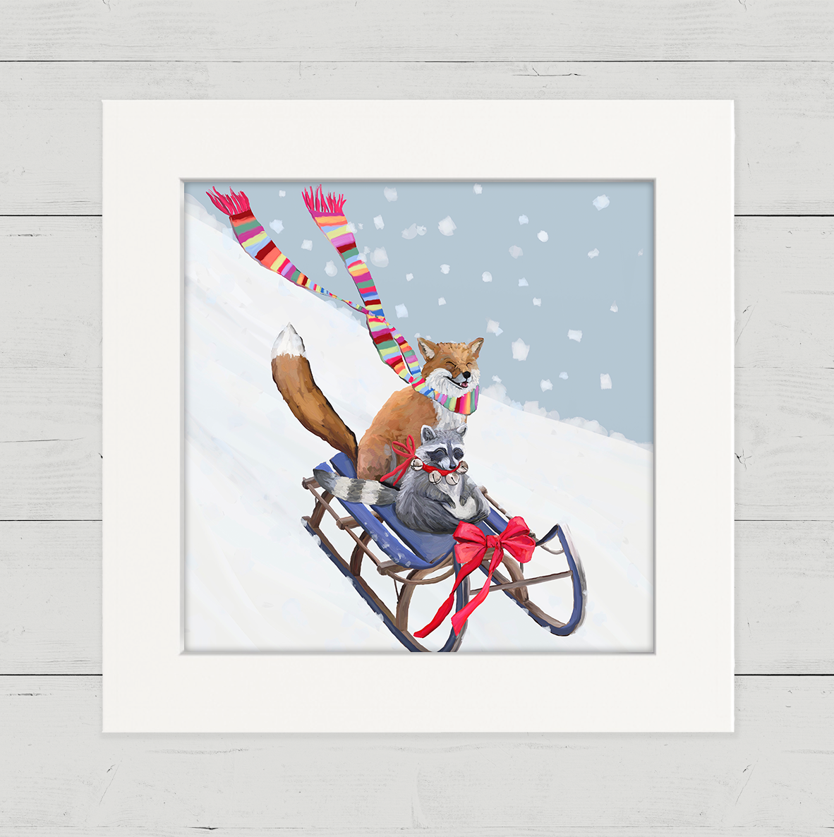 Sledding Fox and Raccoon Happy Square – Cathy Walters Art